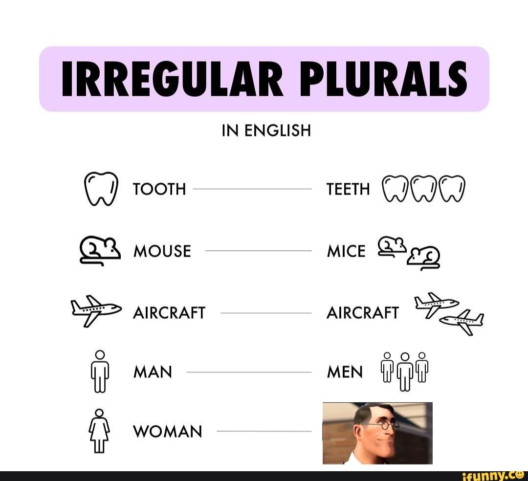 IRREGULAR PLURALS IN ENGLISH C) TOOTH TeeTH CIC IC) mouse mice AIRCRAFT ...