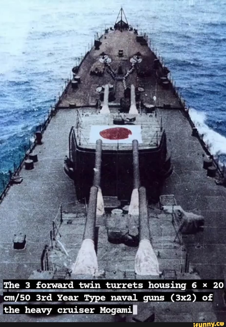 The 3 forward twin turrets housing 6 x 20 Year Type naval guns of the ...