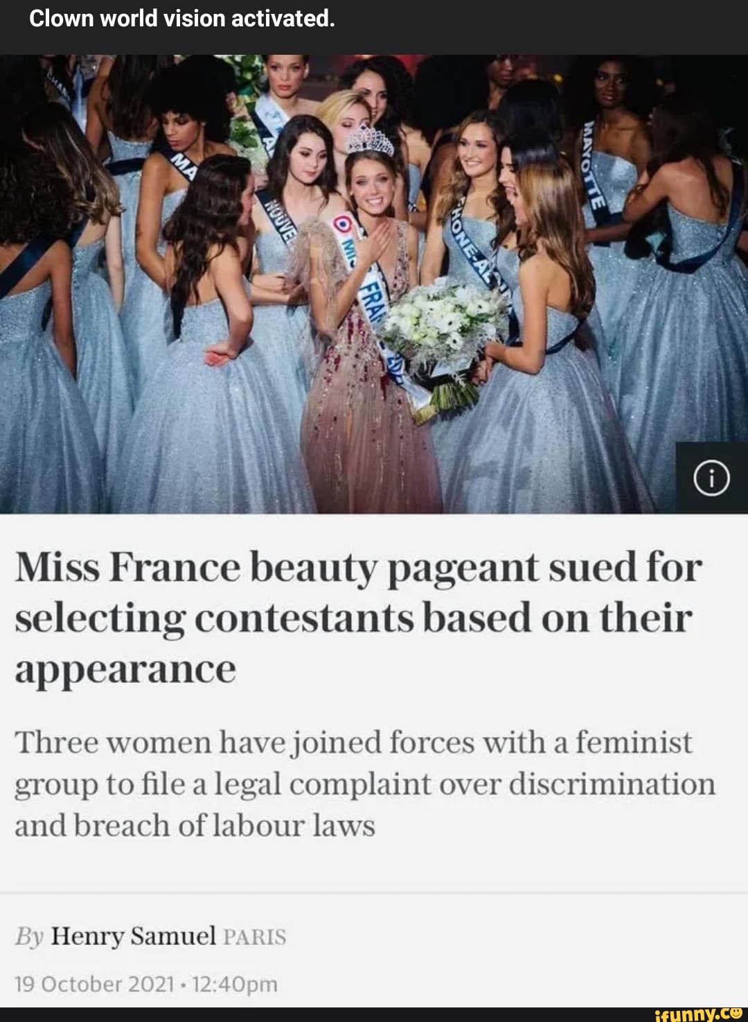Clown world vision activated. Miss France beauty pageant sued for ...