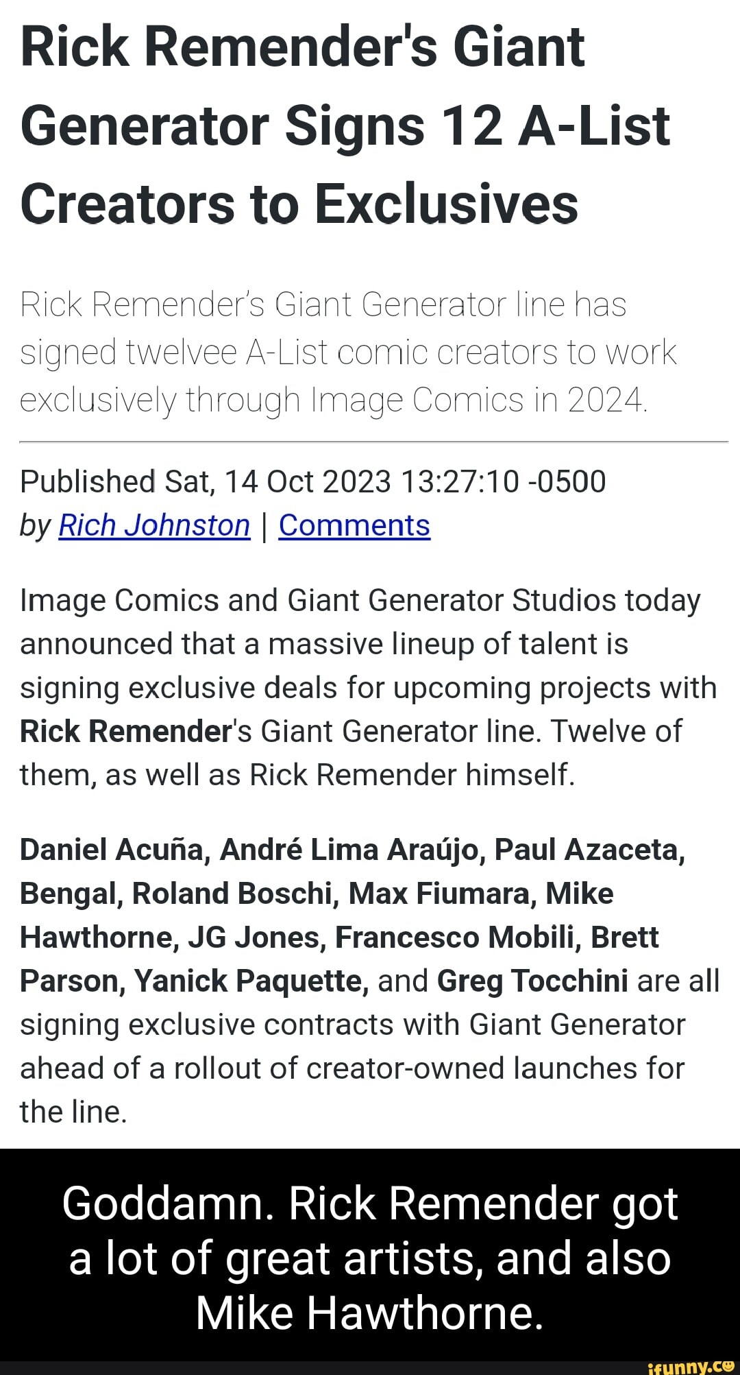 Rick Remender's Giant Generator Signs 12 A-List Creators to Exclusives ...