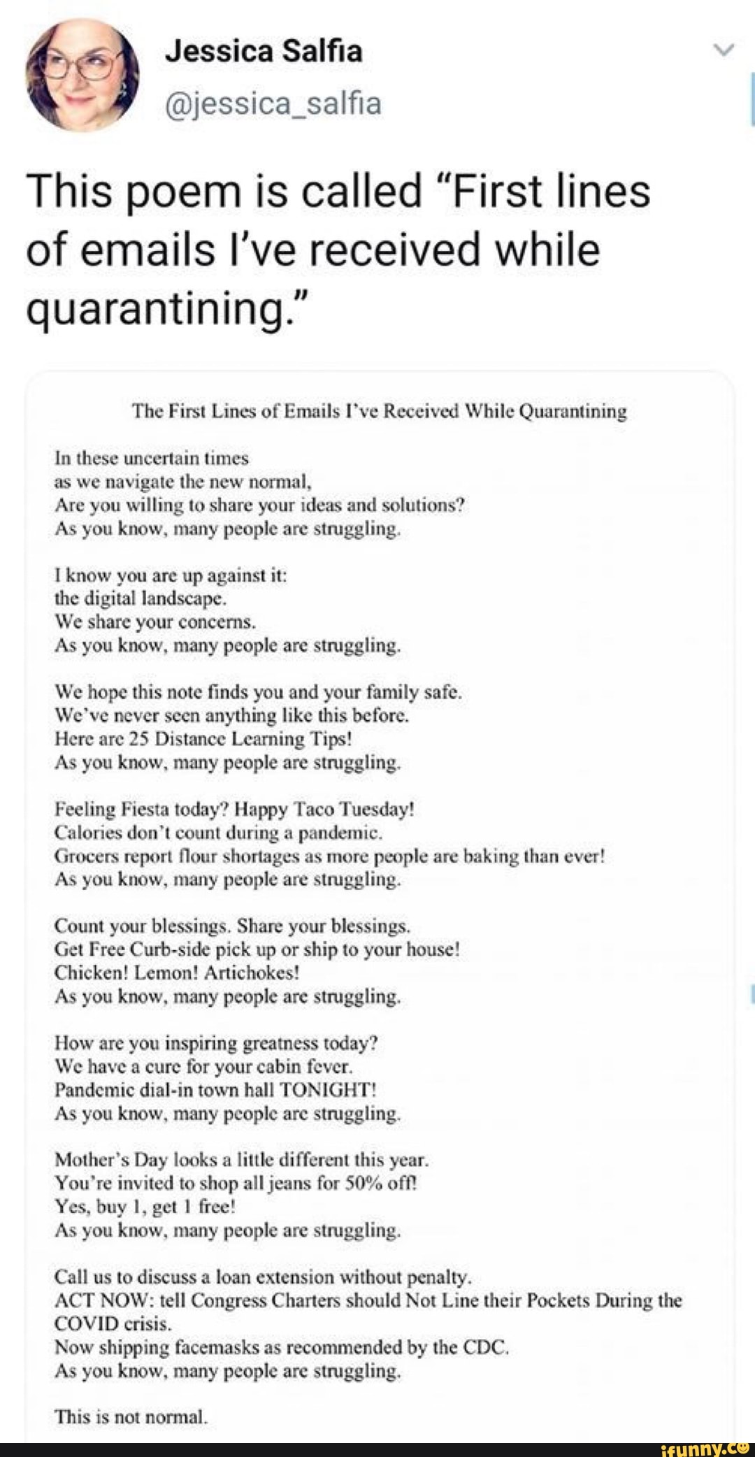 This poem is called "First lines of emails I've received while ...