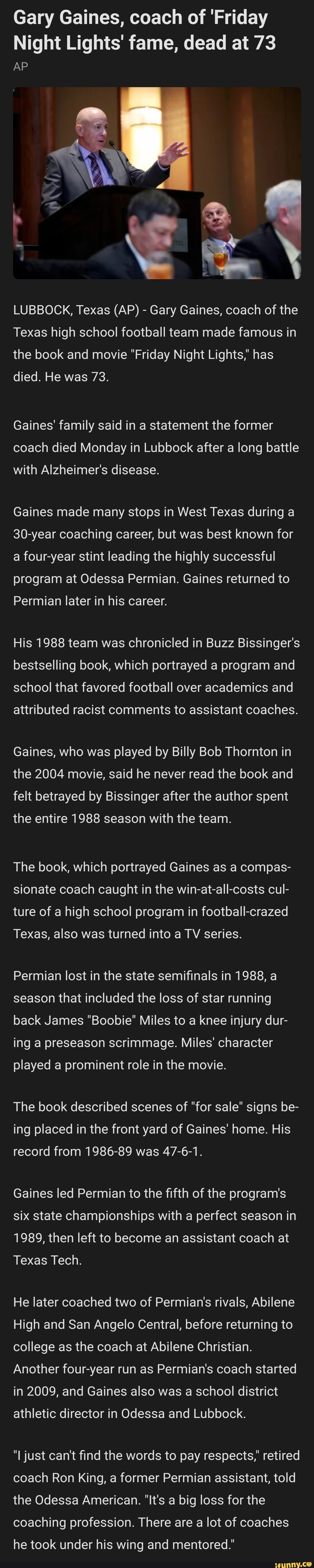 Gary Gaines, coach of 'Friday Night Lights' fame, dead at 73 AP LUBBOCK ...