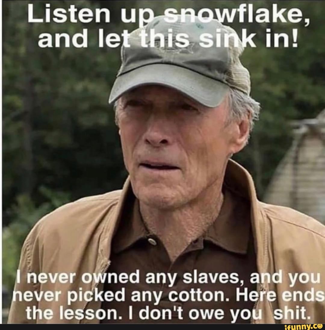 Listen up snowflake. and let this sink In! inever owned any slaves. and ...