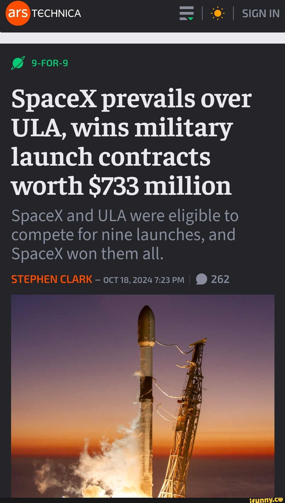 @ 9-For-9 I I SIGNIN SpaceX prevails over ULA, wins military launch ...