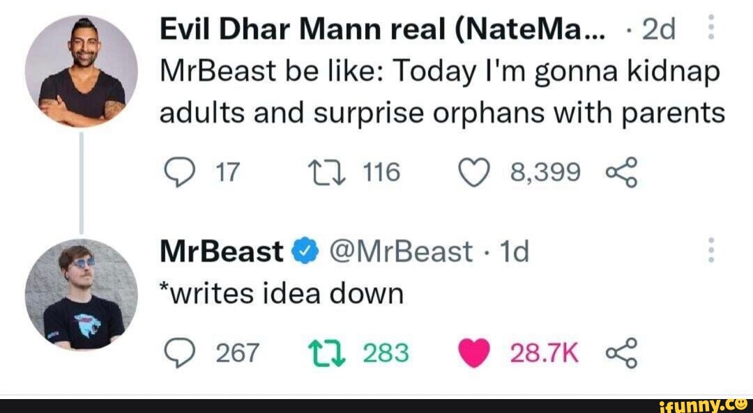 Evil Dhar Mann real (NateMa... - MrBeast be like: Today I'm gonna ...