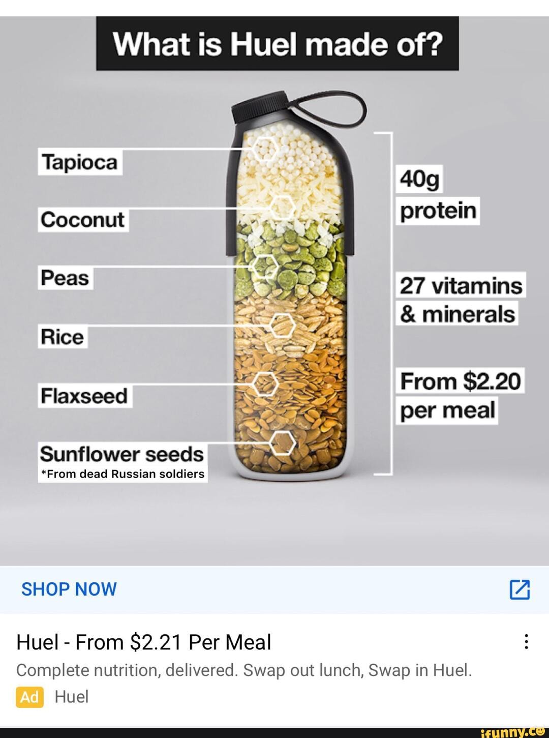 What is Huel made of? Tapioca Coconut protein Peas 27 vitamins ...