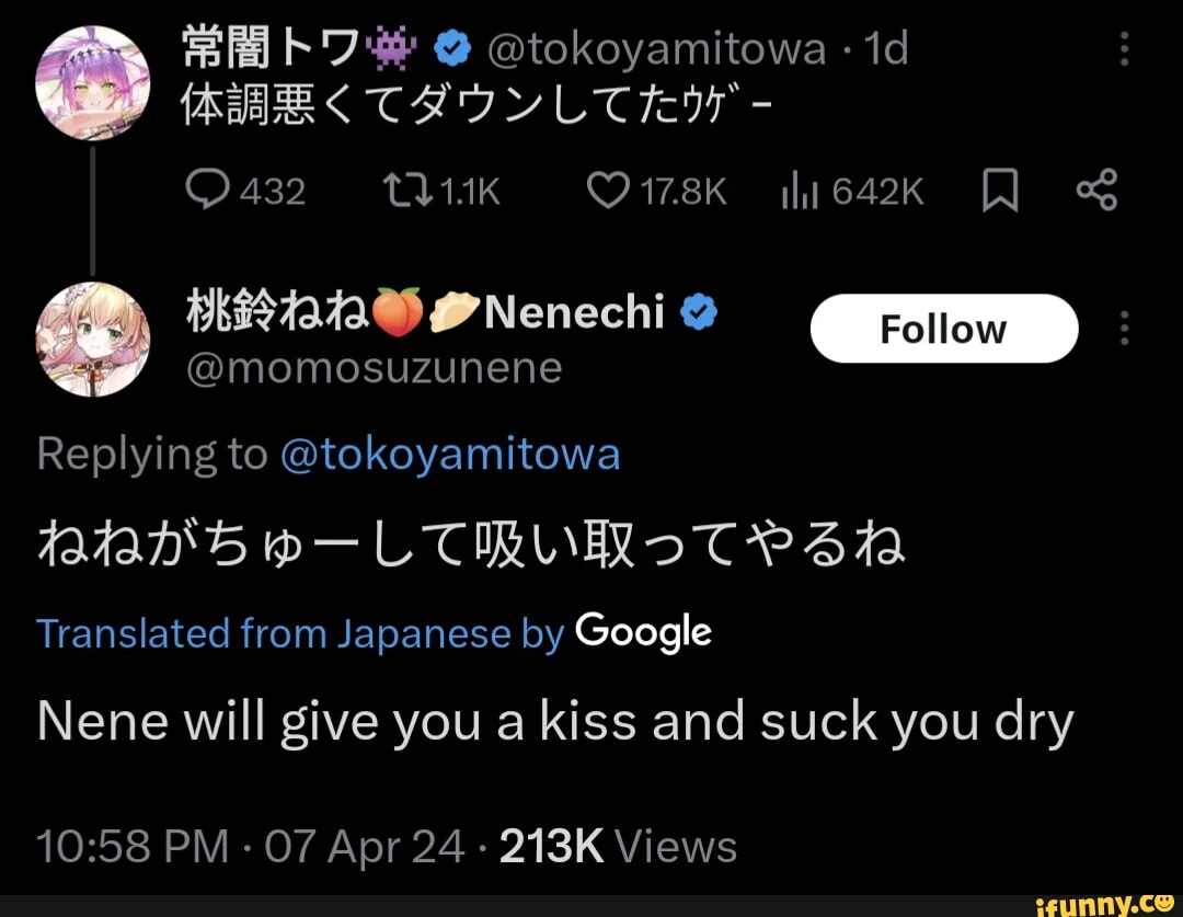 ON THIY LTK - 642K ONenechi @momosuzunene Replying to @tokoyamitowa p ...