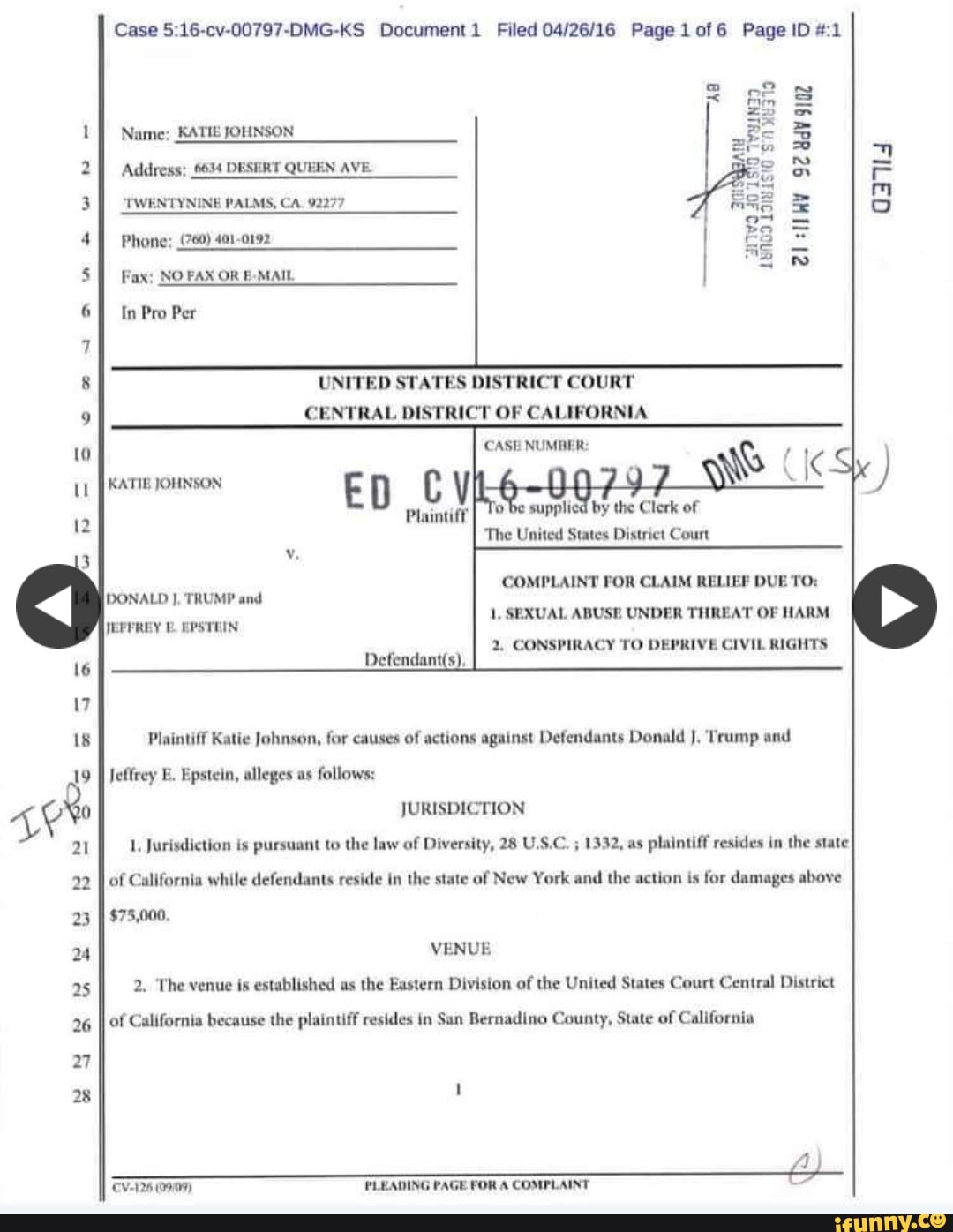 Case 5:16-cv-00797-DMG-KS Document 1 Filed 04/26/16 Page 1of6 Page ID ...
