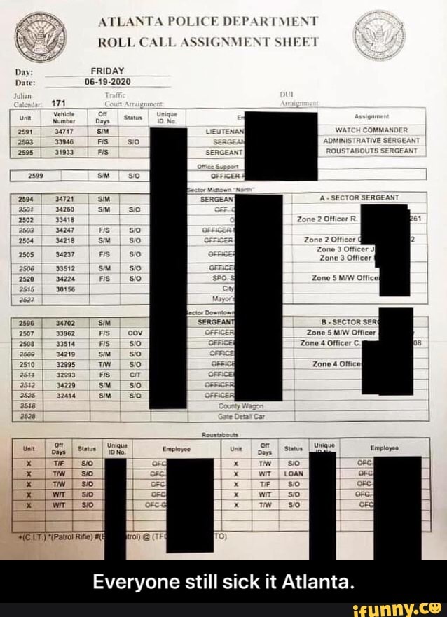 ATLANTA POLICE DEPARTMENT ROLL CALL ASSIGNMENT SHEET Day FRIDAY Date 06 ...