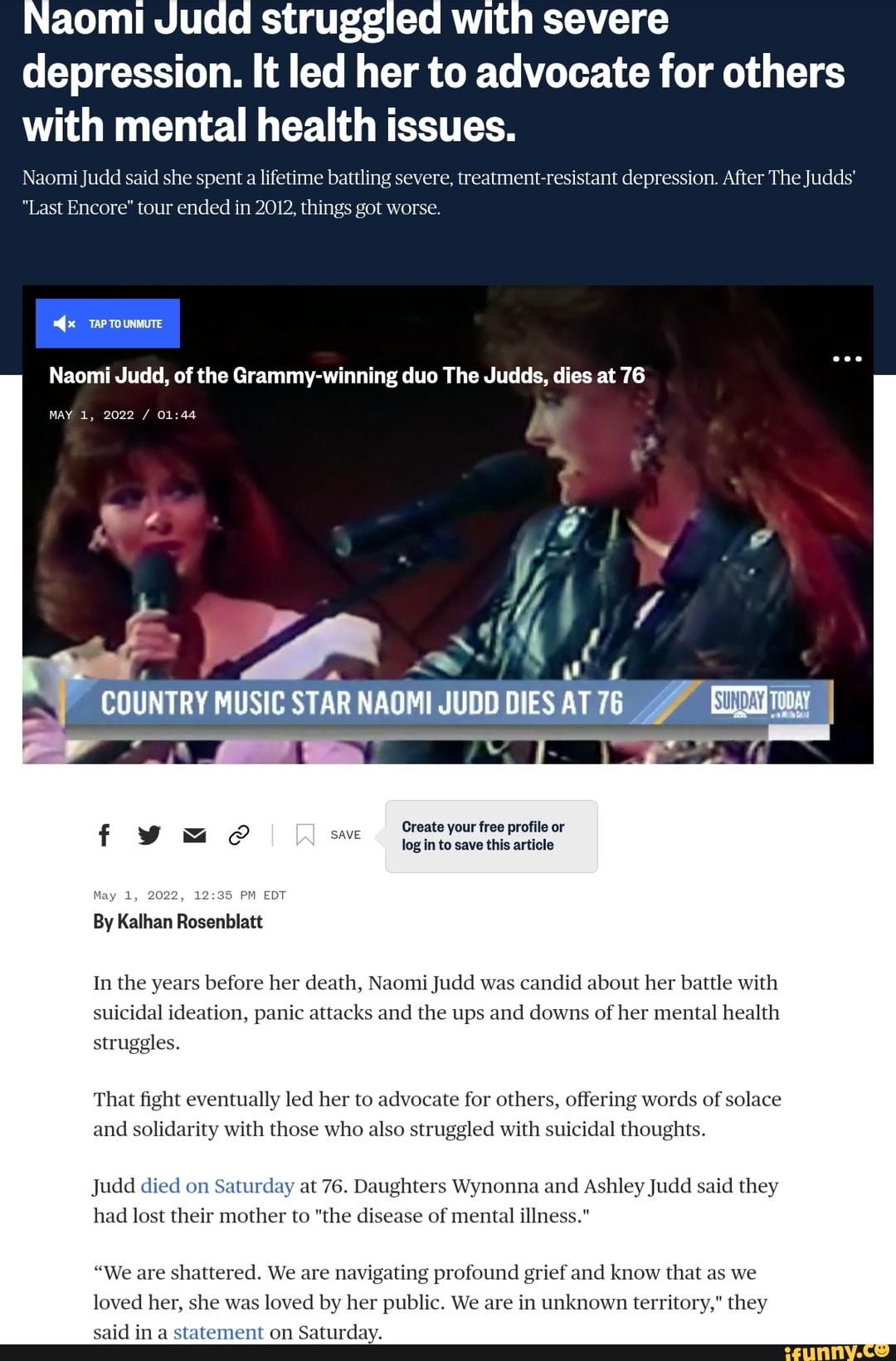 Naomi Judd struggled with severe depression. It led her to advocate for ...