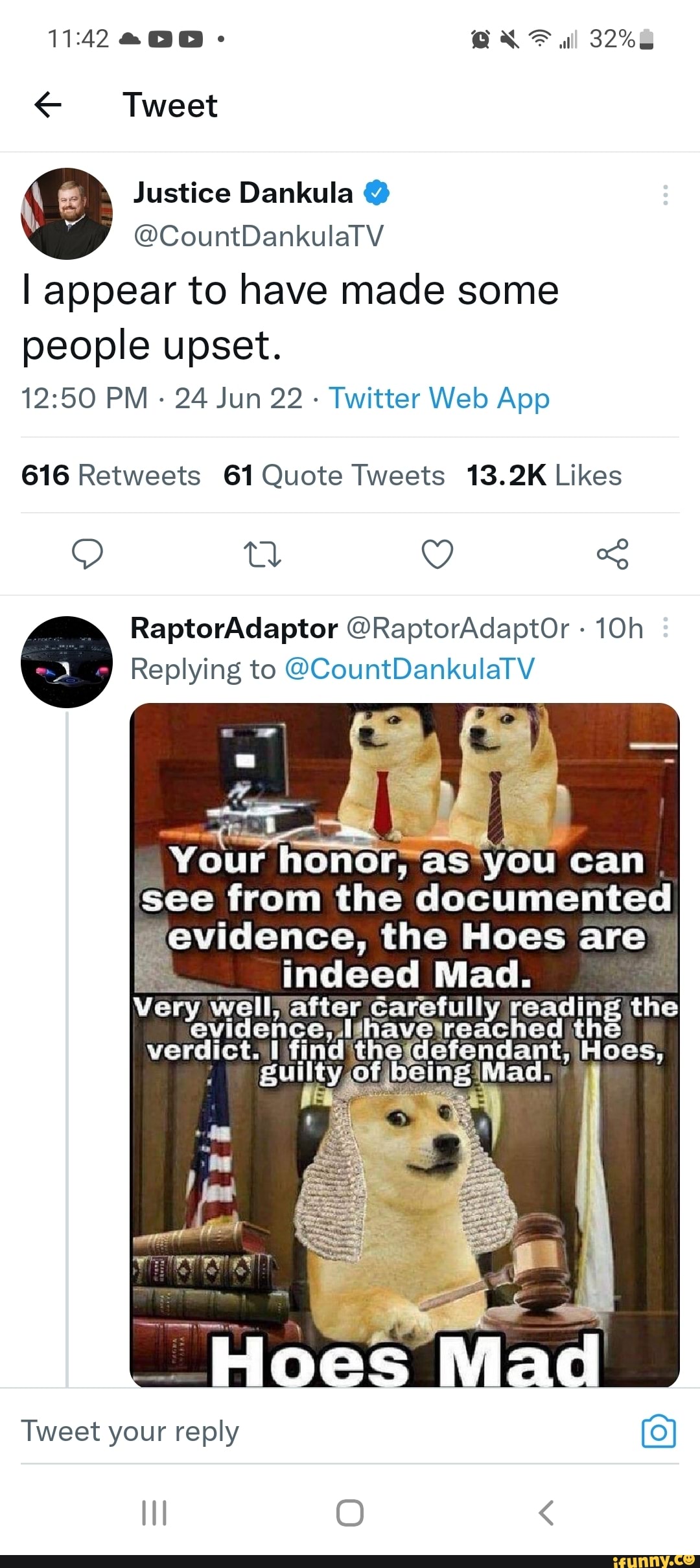 1142 QA Fu 32%, Tweet Justice Dankula @ @CountDankulaTV I appear to ...