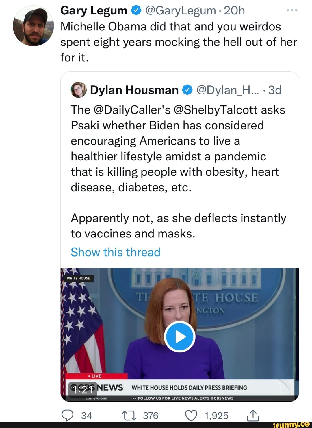 Gary Legum @ @GaryLegum Michelle Obama did that and you weirdos spent ...