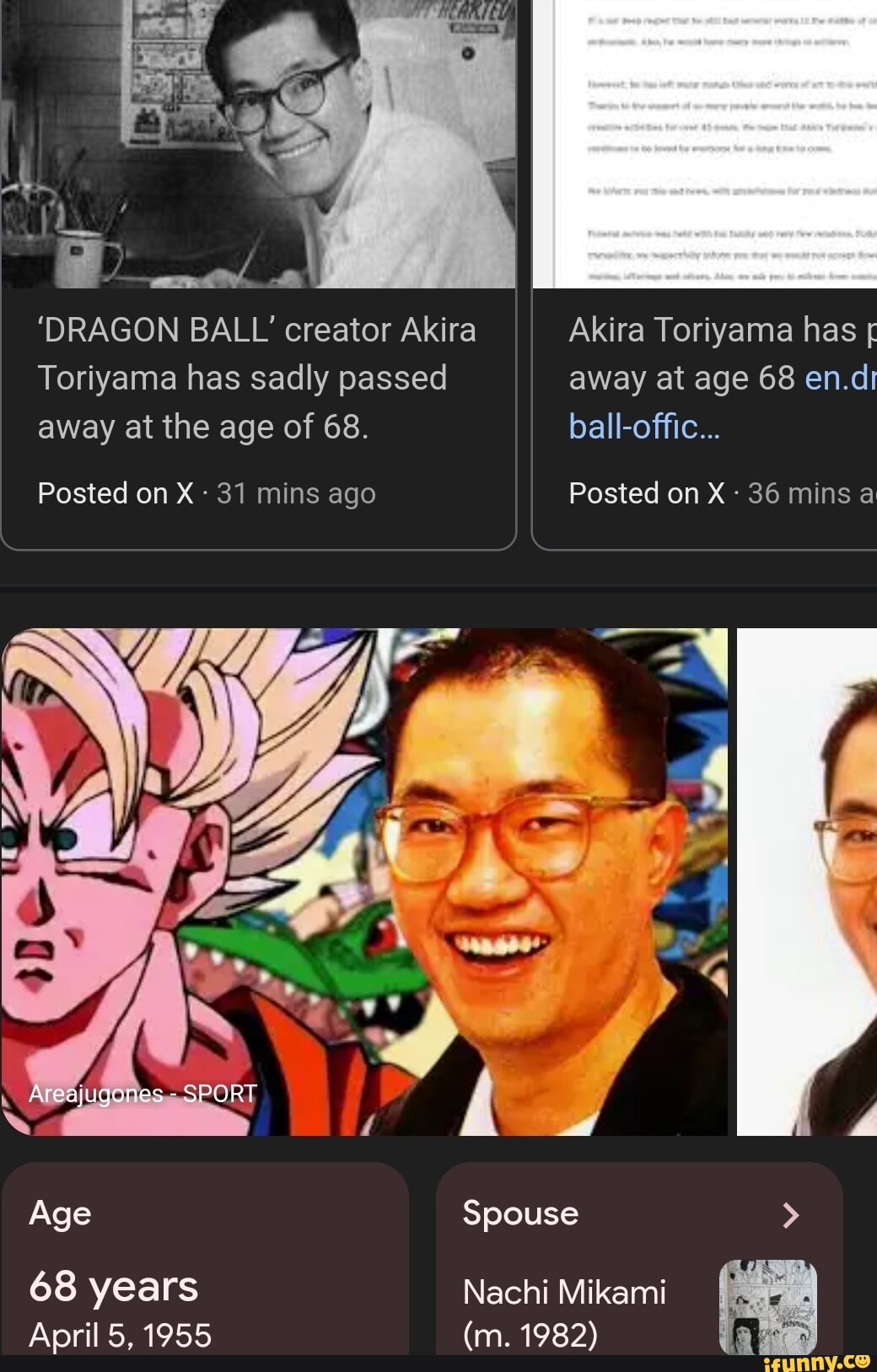 'DRAGON BALL' creator Akira Akira Toriyama has Toriyama has sadly passed away at age 68 en.di ...