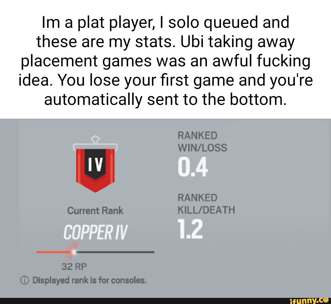 Im a plat player, I solo queued and these are my stats. Ubi taking away placement games was an ...