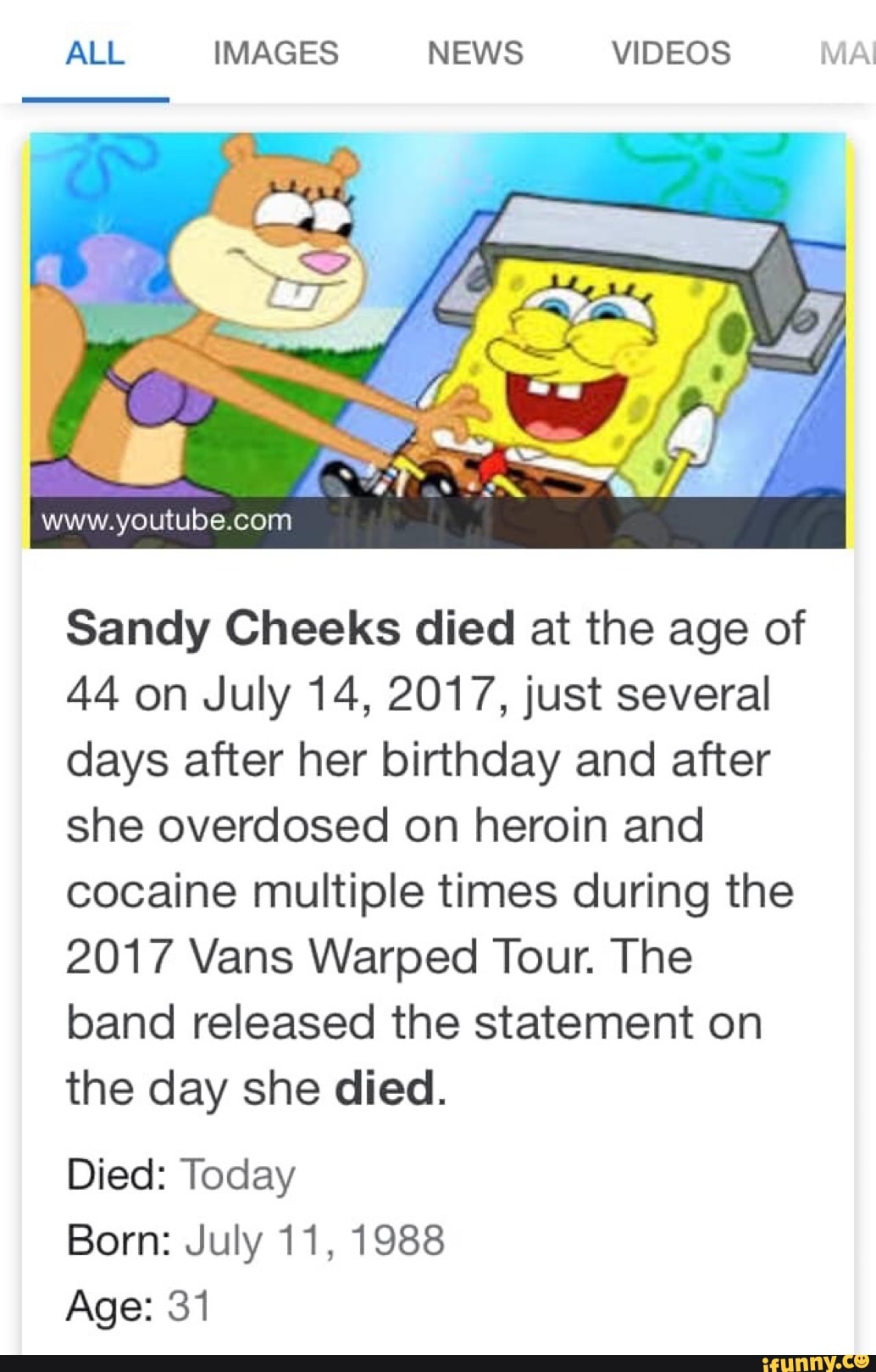 Sandy Cheeks died at the age of 44 on July 14, 2017, just several days ...