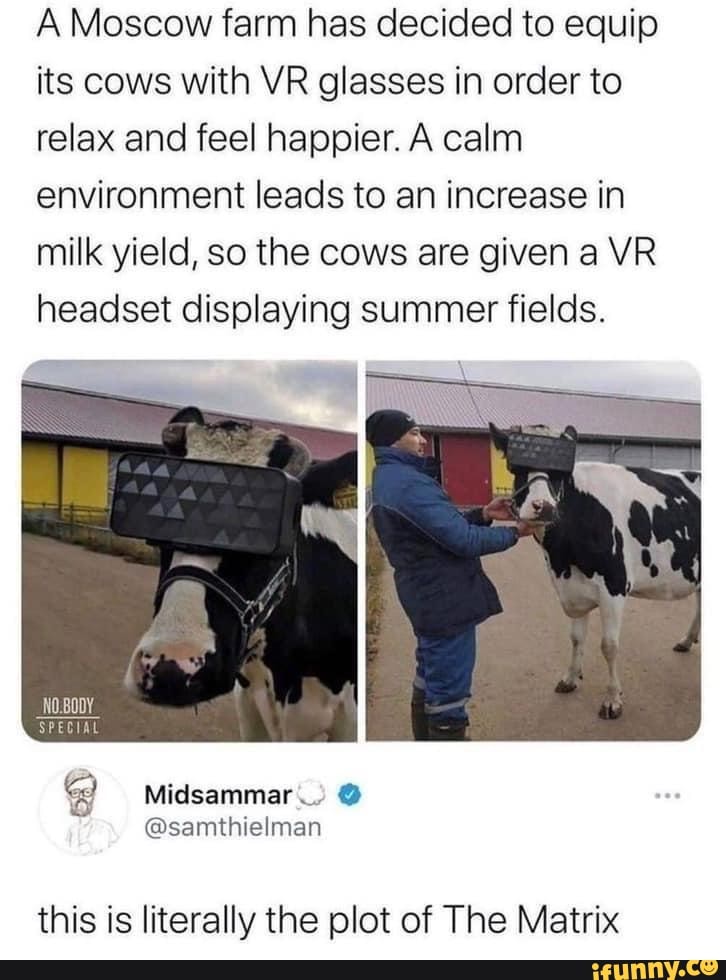 A Moscow farm has decided to equip its cows with VR glasses in order to ...