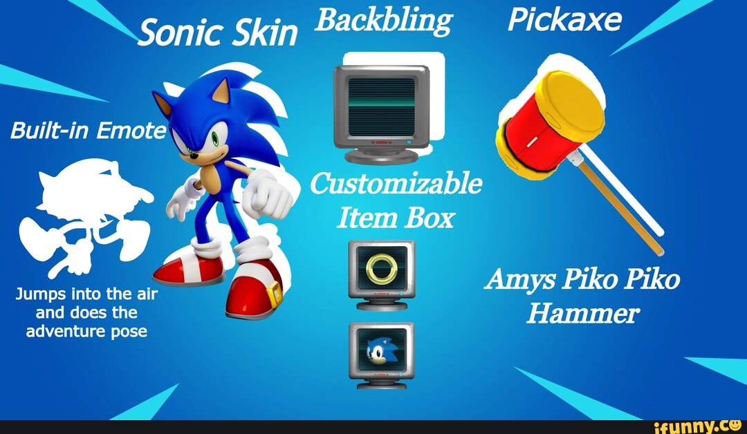 Sonic Skin Backbling _Pickaxe Built-in Emote Customizable Item Box Amys ...
