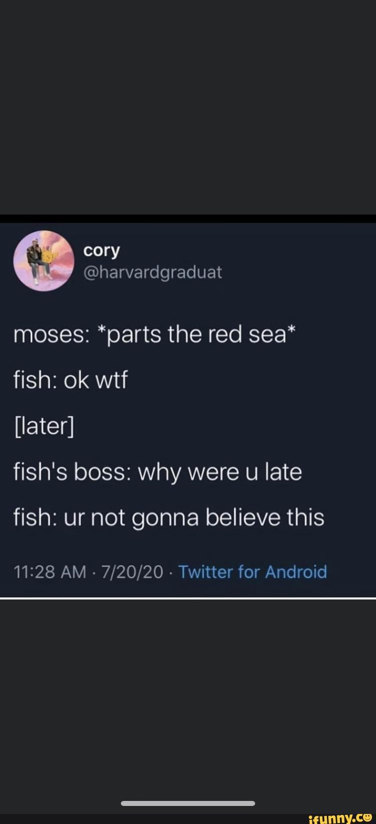 Moses: *parts the red sea* fish: ok wtf [later] fish's boss: why were u ...