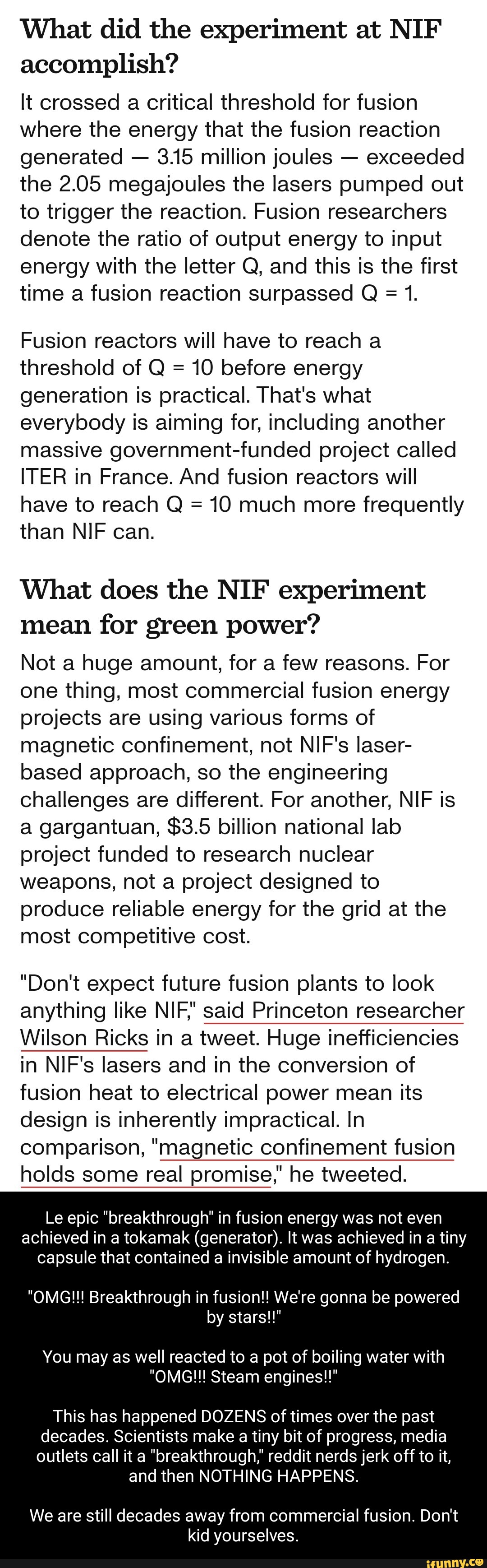 What did the experiment at NIF accomplish? It crossed a critical ...