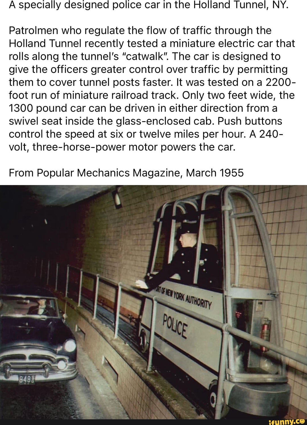 A specially designed police car in the Holland Tunnel, NY. Patrolmen ...