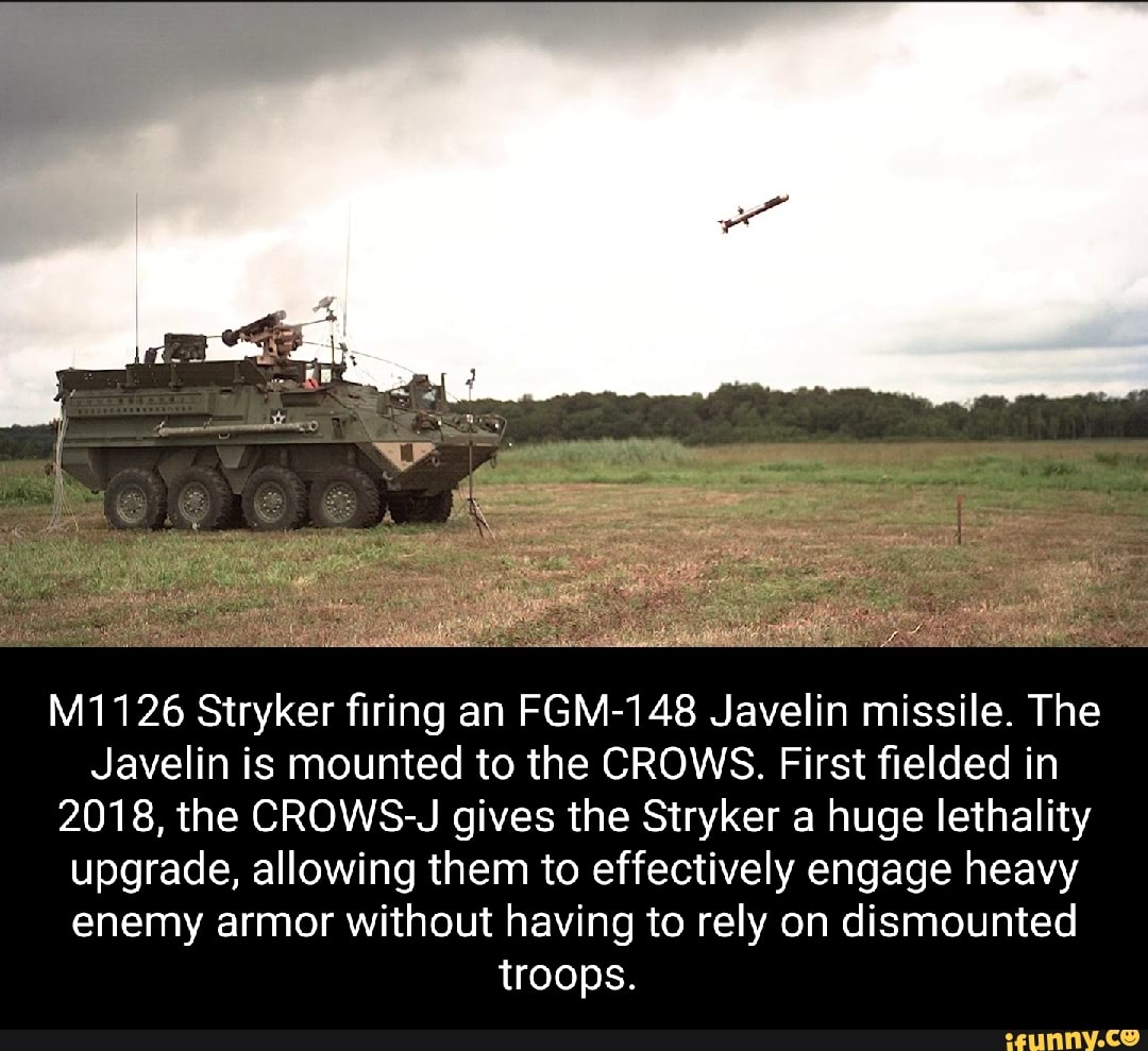 M1126 Stryker firing an FGM-148 Javelin missile. The Javelin is mounted ...