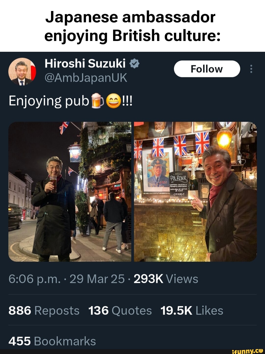 Japanese ambassador enjoying British culture: Hiroshi Suzuki Follow @AmbJapanUK Enjoying pub ...