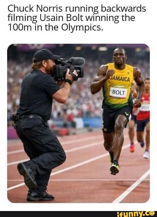 Chuck Norris running backwards filming Usain Bolt winning the 100m in ...