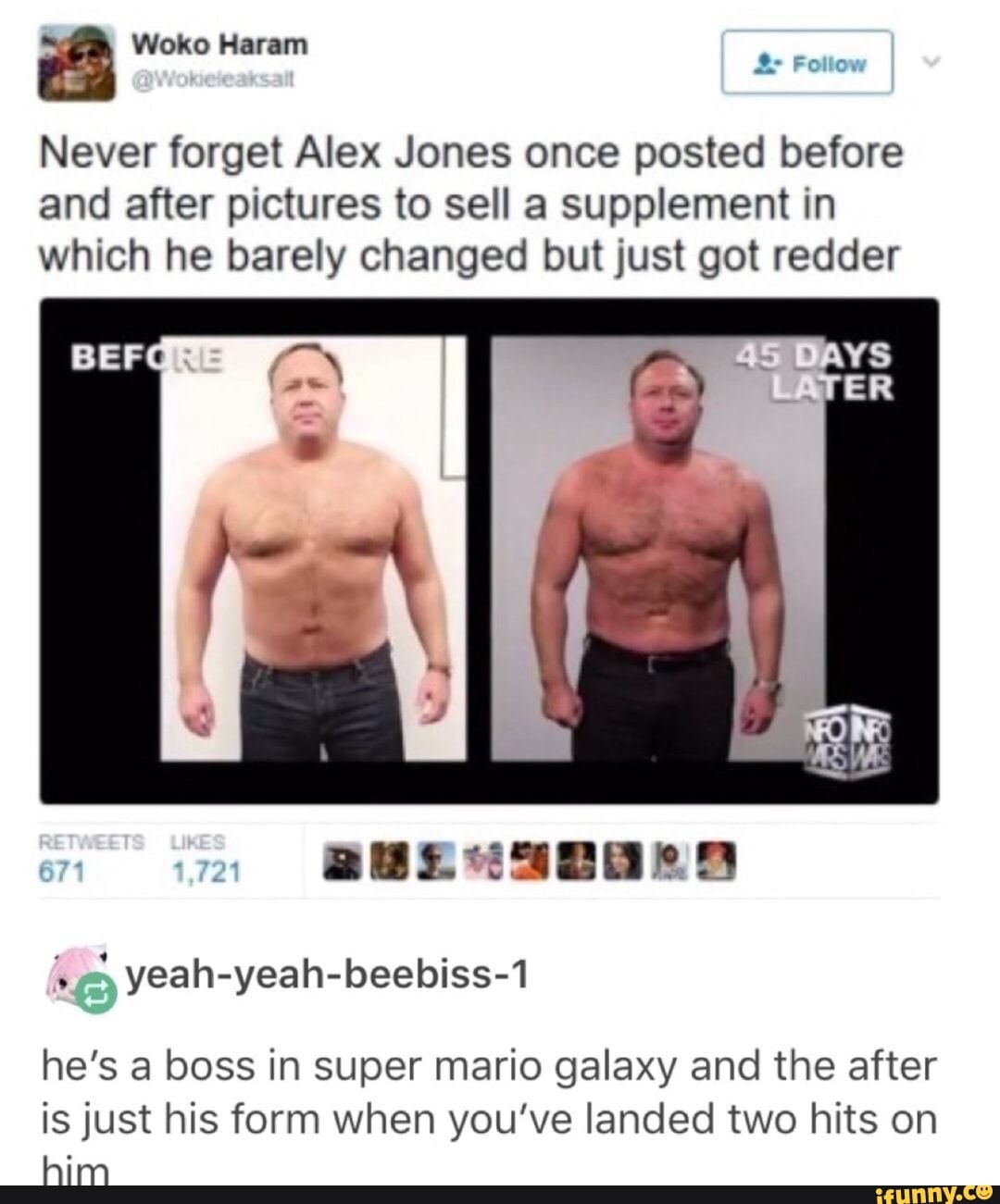 Never forget Alex Jones once posted before and after pictures to sell a ...