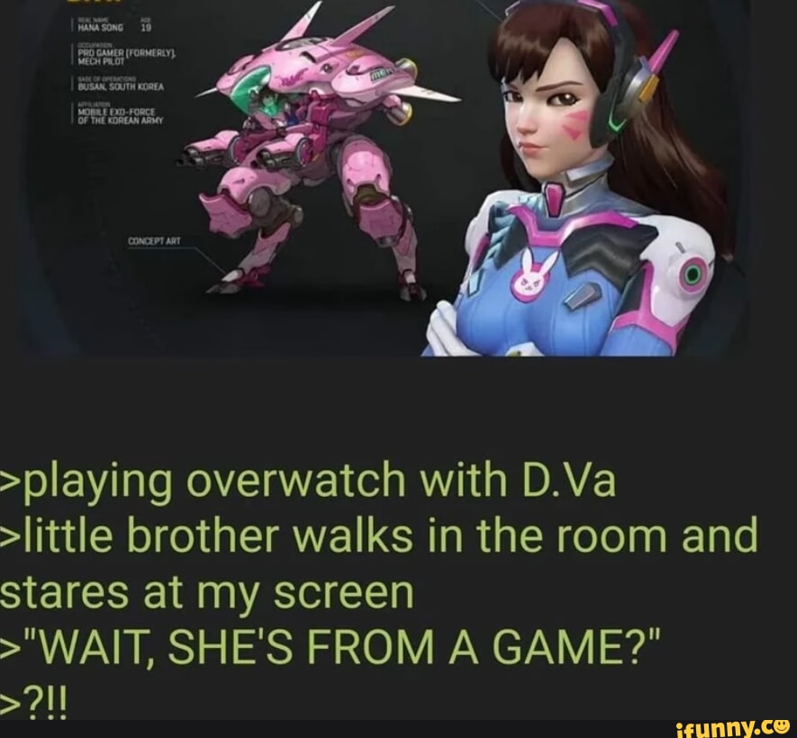 >playing overwatch with D.Va >little brother walks in the room and ...