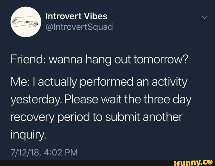 Introvert Vibes Friend: wanna hang out tomorrow? Me: I actually ...