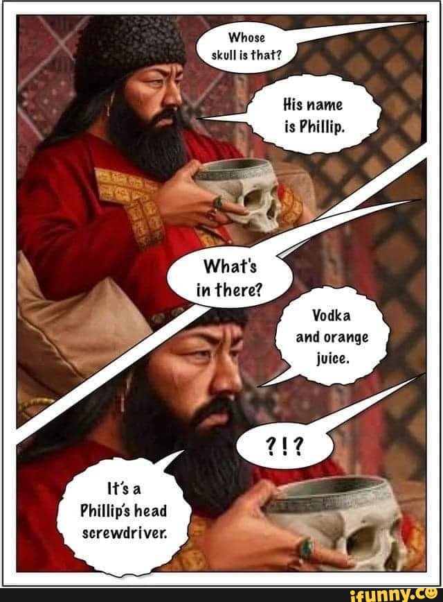 Whose skull is that? His name is Phillip. What's in there? Vodka and ...