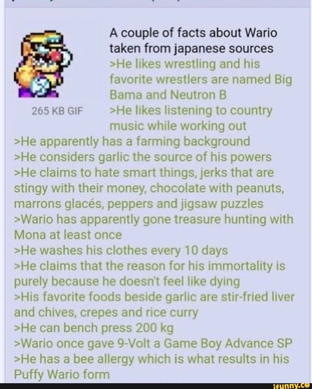A couple of facts about Wario taken from japanese sources >He likes ...