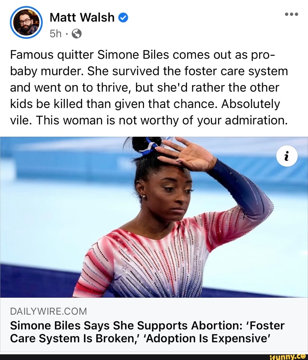 Matt Walsh @ Famous quitter Simone Biles comes out as pro- baby murder ...