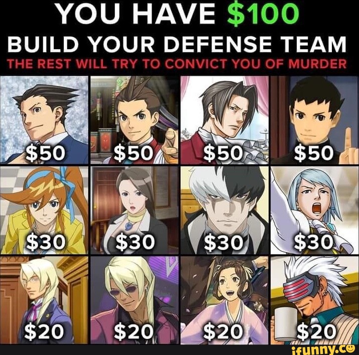 YOU HAVE $100 BUILD YOUR DEFENSE TEAM THE REST WILL TRY TO CONVICT YOU ...