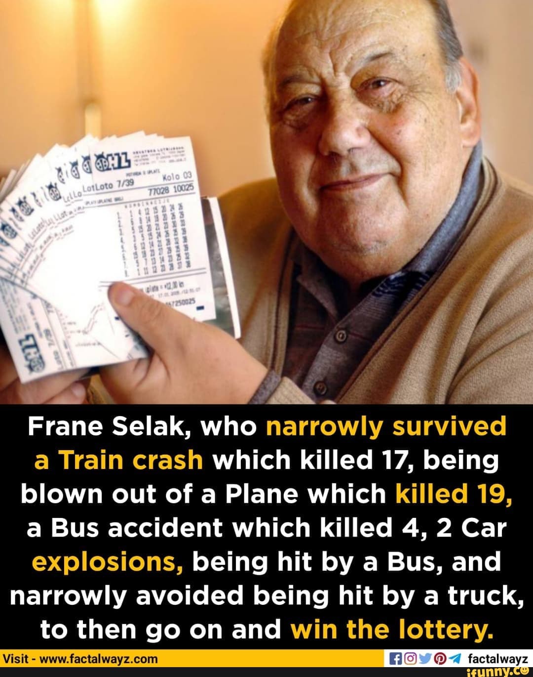 Frane Selak, who narrowly survived a Train crash which killed 17, being ...