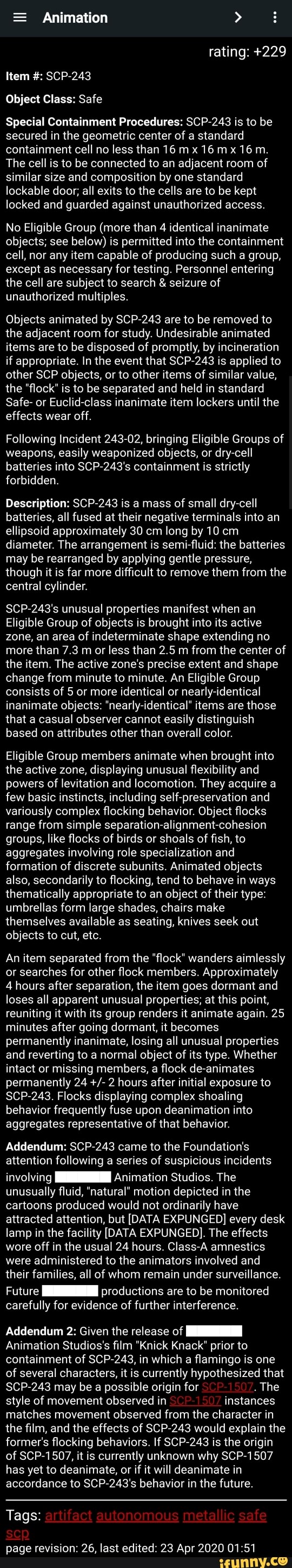 Object Class: Safe Special Containment Procedures: SCP-243 is to be ...