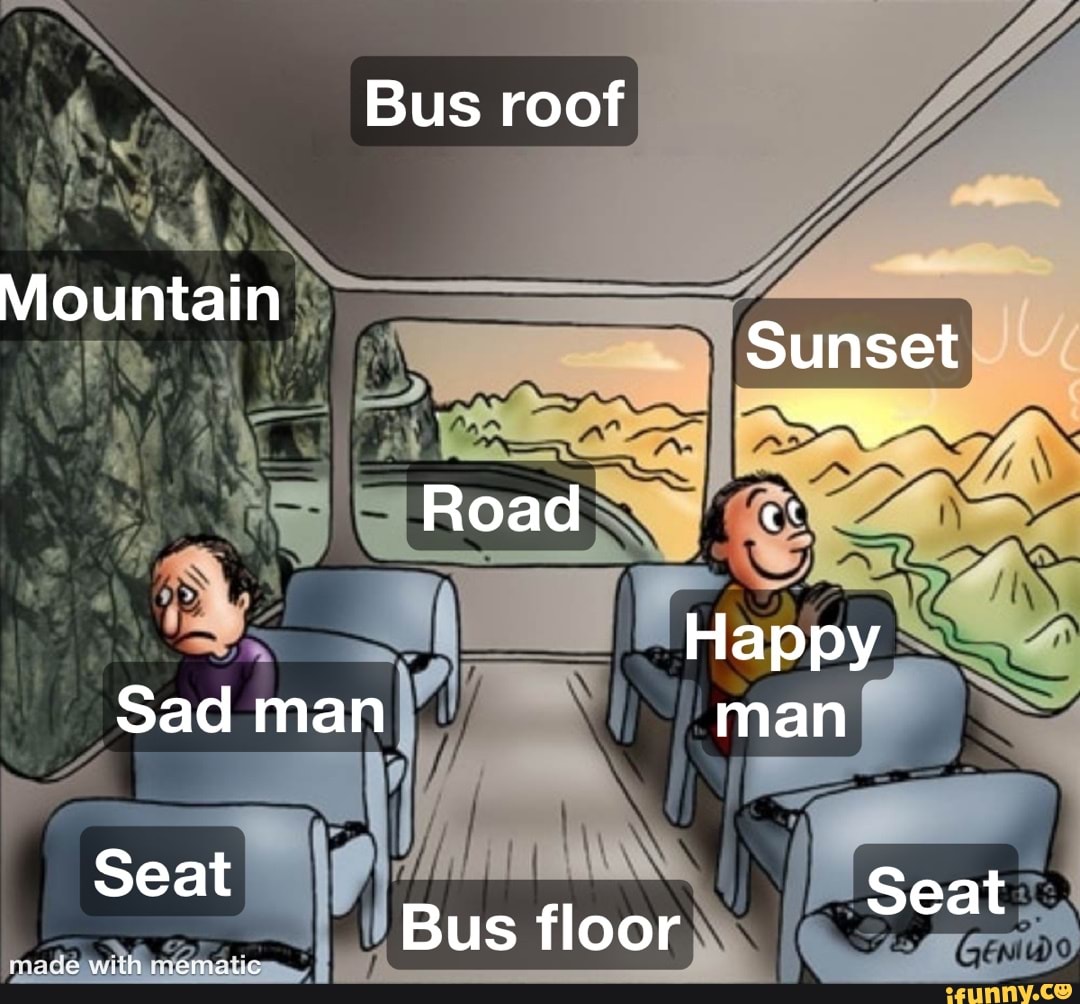 Bus roof Mountain Sunset Road Happy Sad man id man Seat Bus floor Seat ...