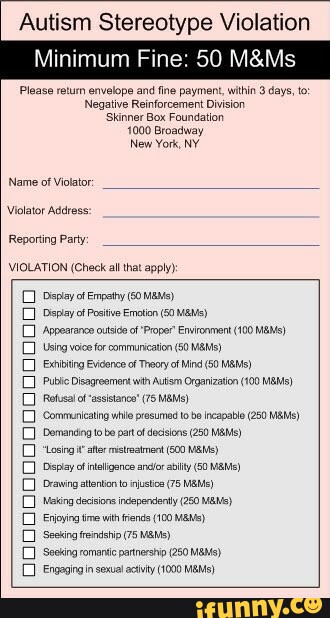 Autism Stereotype Violation Minimum Fine: 50 Please return envelope and ...