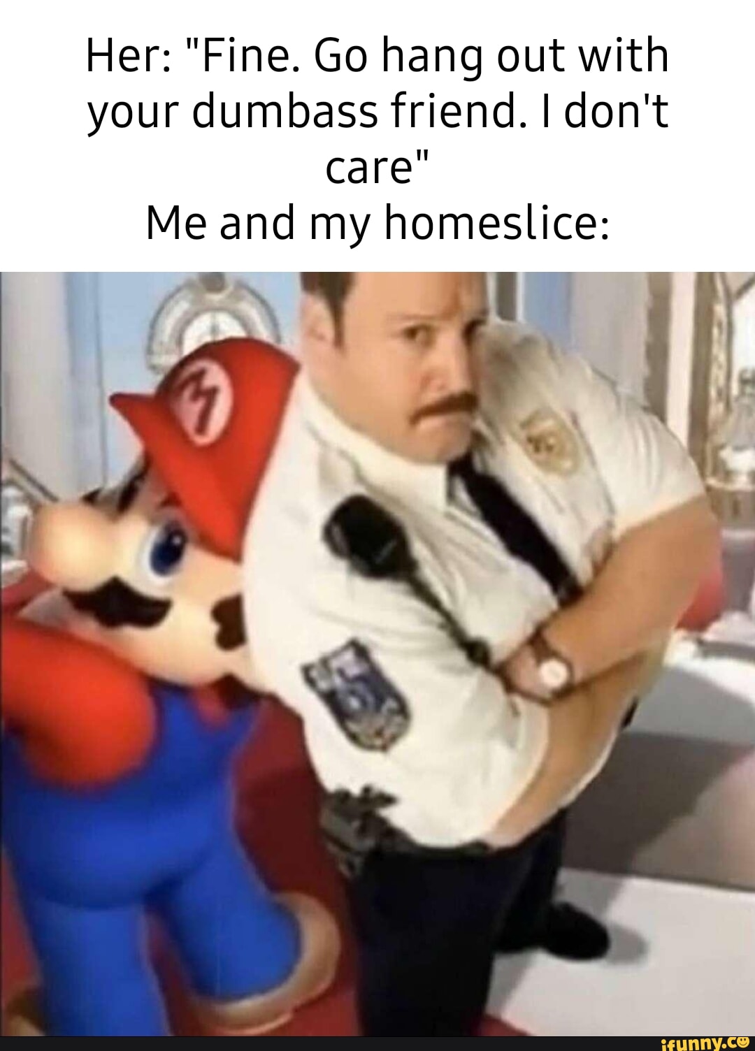 Her: "Fine. Go hang out with your dumbass friend. I don't care" Me and ...