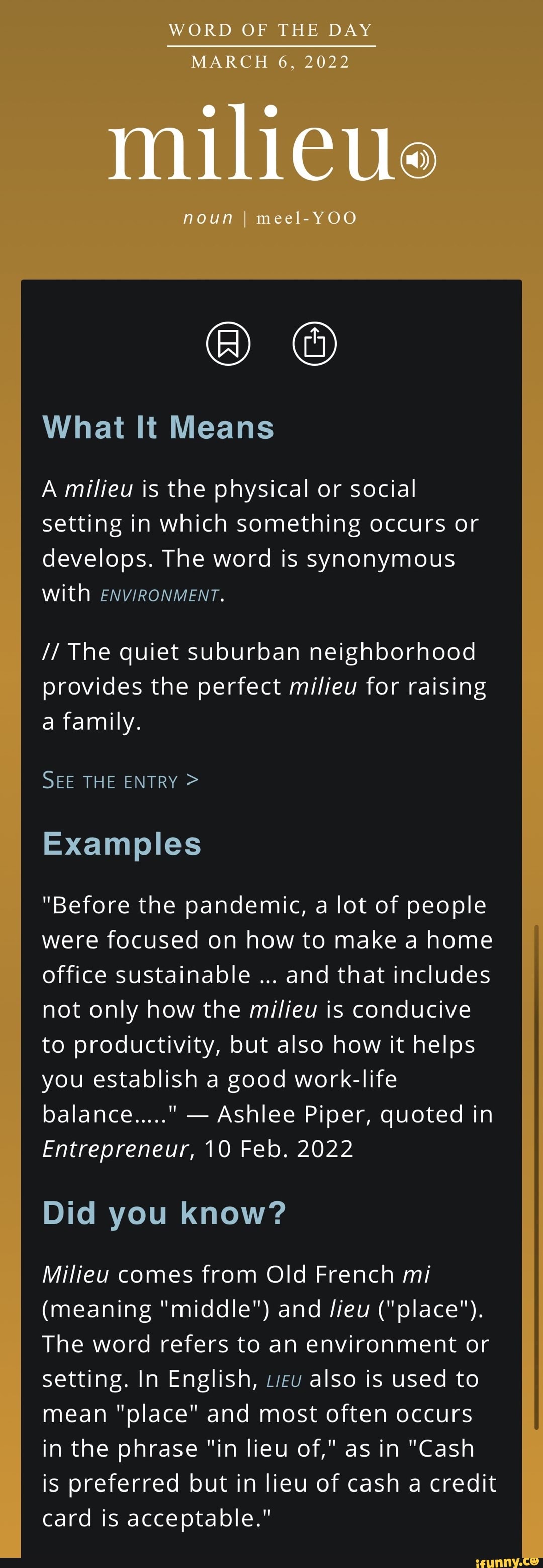 WORD OF THE DAY MARCH 6, 2022 milieue noun I meel-YOO What It Means A ...