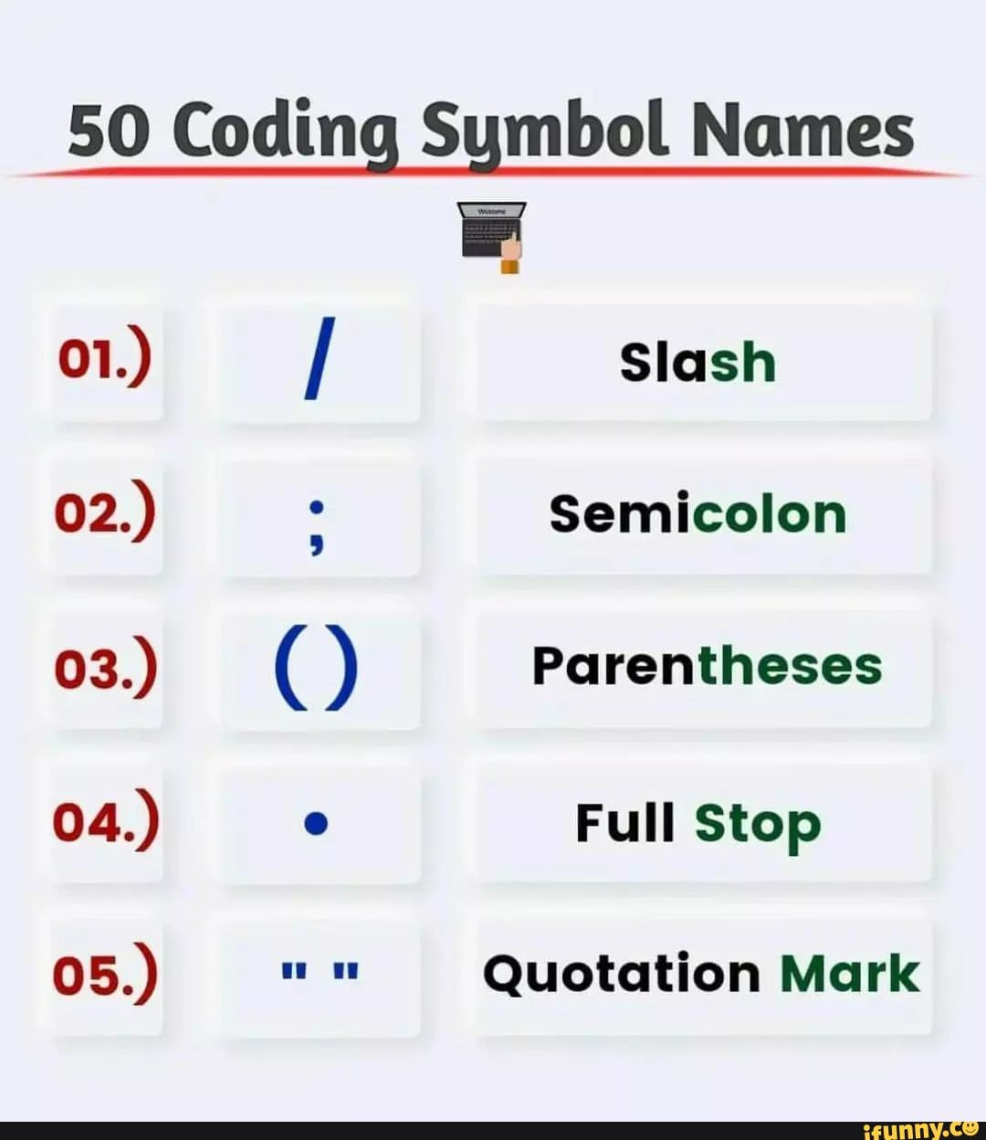 50 Coding Symbol Names 01.) I Slash 02.) Semicolon 03.) ( ) Parentheses ...