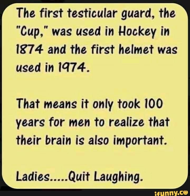The first testicular guard, the "Cup," was used in Hockey in 1874 and ...