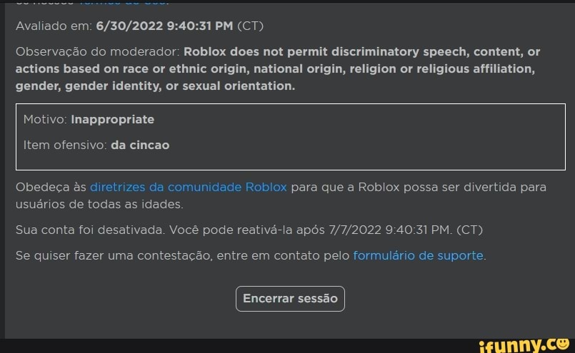 Avaliado em: PM (CT) Observação do moderador: Roblox does not permit ...