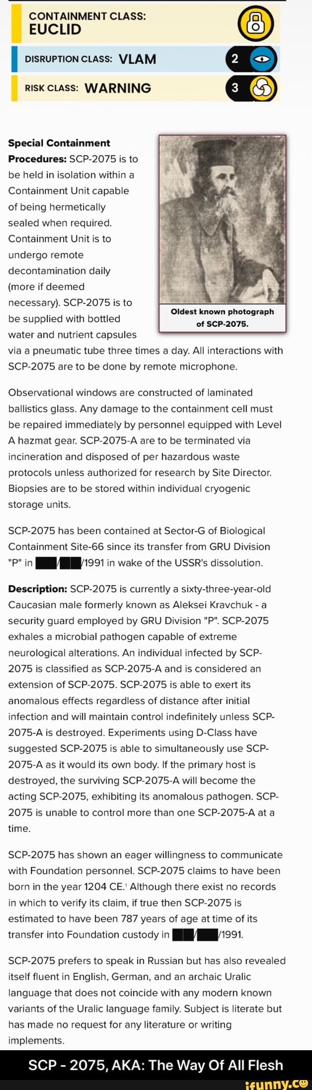 CONTAINMENT CLASS: EUCLID DISRUPTION CLASS: VLAM RISK CLASS: WARNING ...