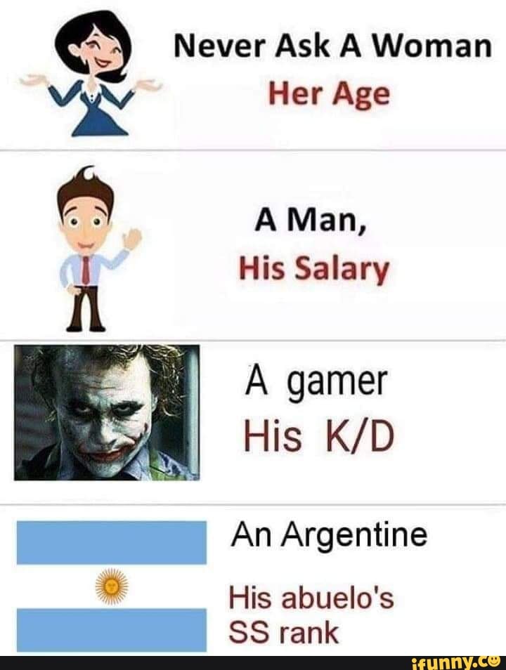 Never Ask A Woman Her Age A Man, His Salary A gamer His An Argentine ...