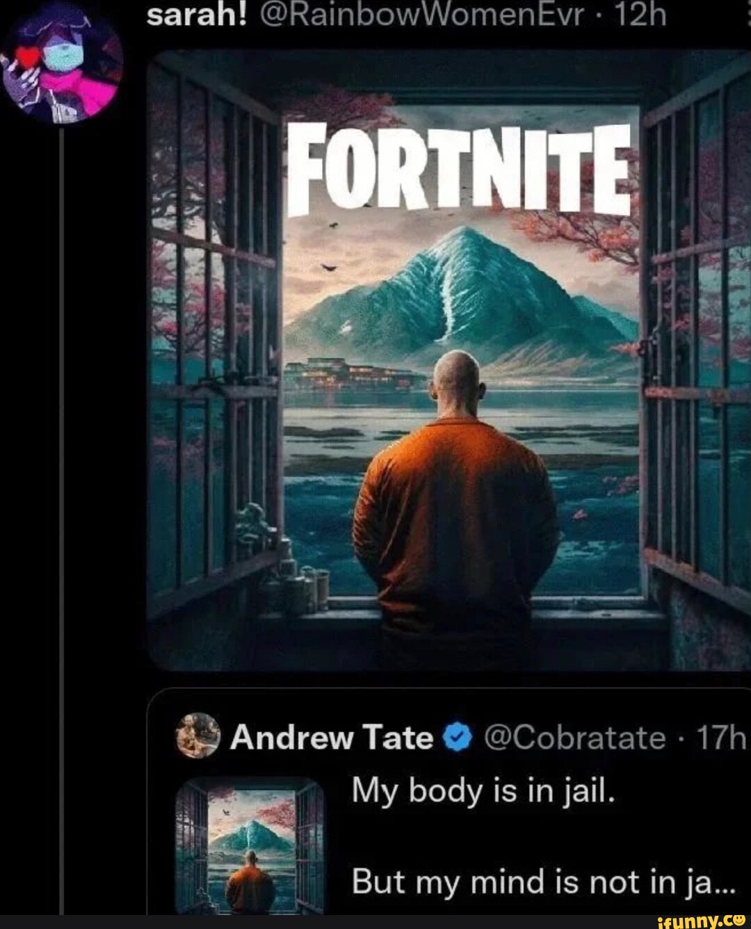 Sarah! @RainbowWomeneEvr Andrew Tate @ @Cobratate My body is in jail ...