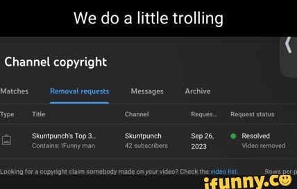 We do little trolling Channel copyright Matches Removal requests Messages- Archive Type Title ...
