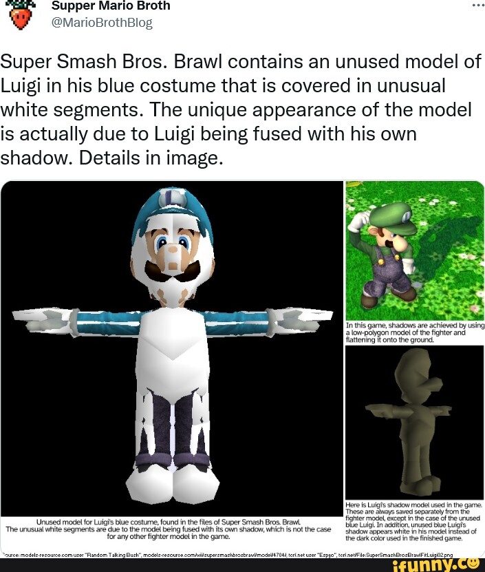 Super Smash Bros. Brawl contains an unused model of Luigi in his blue ...