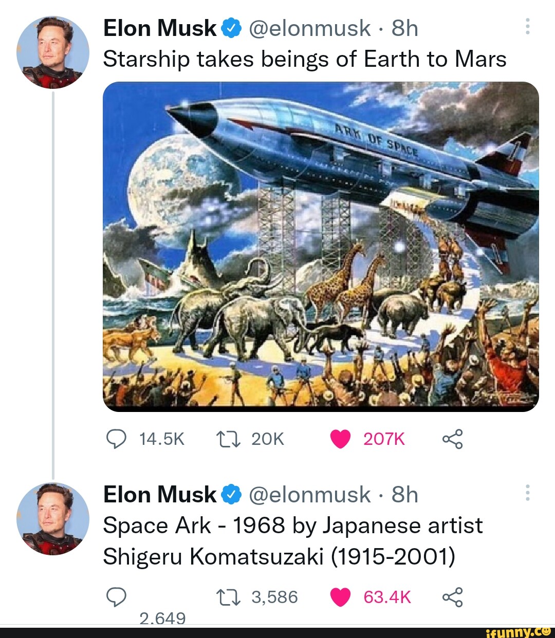 Elon Musk @ @elonmusk - Starship takes beings of Earth to Mars 14.5K ...