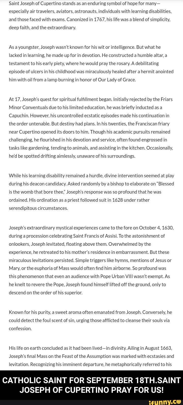 Saint Joseph of Cupertino stands as an enduring symbol of hope for many ...